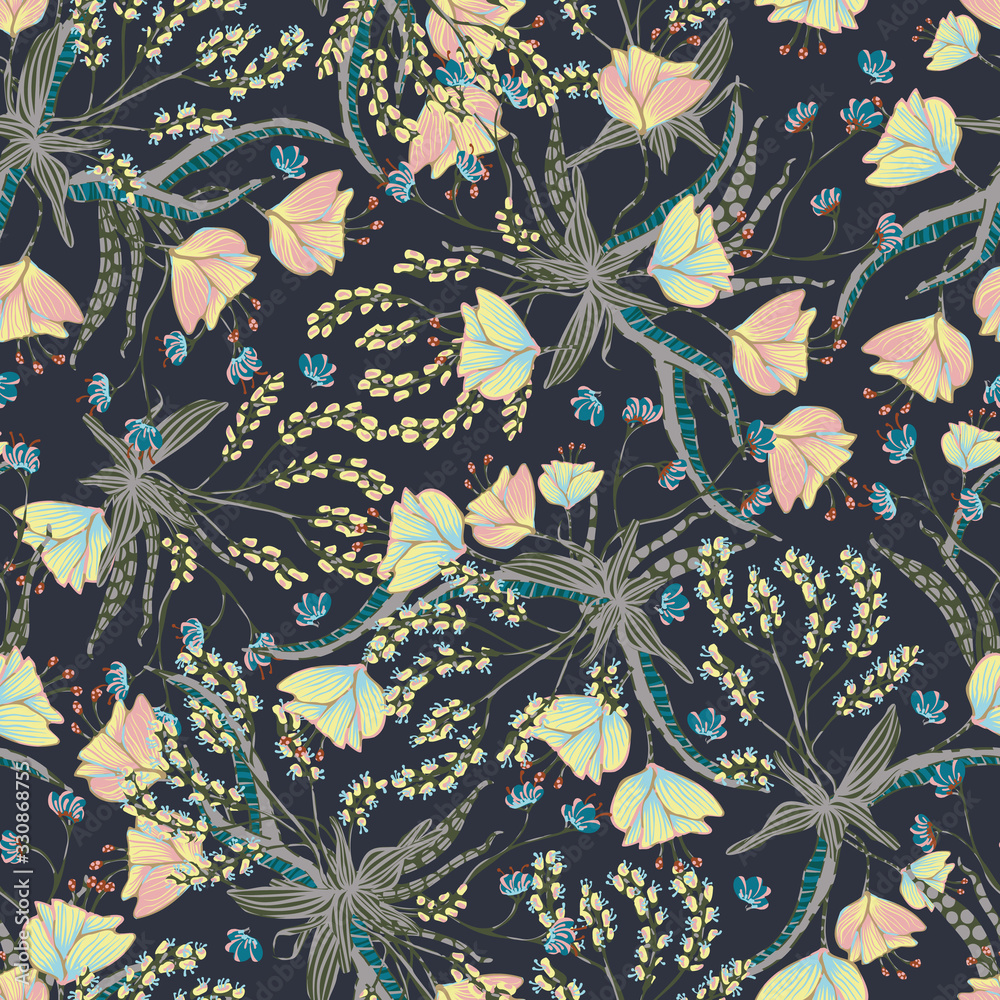Moody hand drawn floral on a dark background seamless vector pattern. Decorative feminine ...