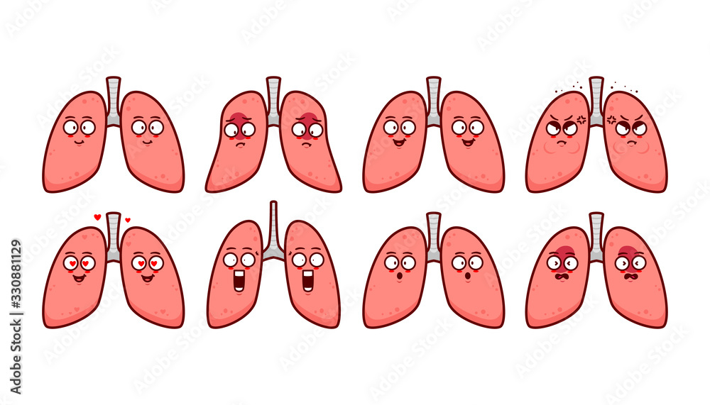 Human Lung cute cartoon character illustration with expression emoticon ...