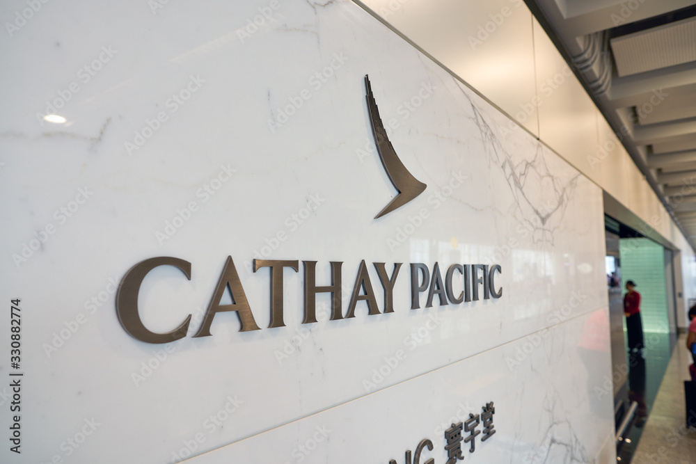 HONG KONG, CHINA - CIRCA APRIL, 2019: close up shot of Cathay Pacific ...