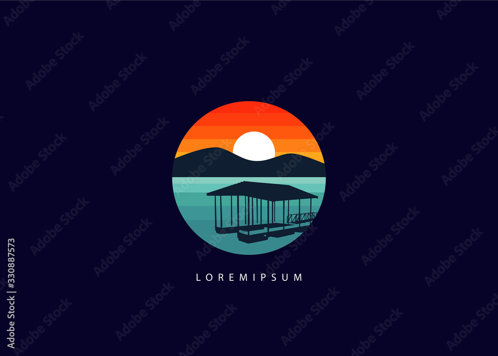 Lake dock logo. silhouette circle lake dock illustration vector Stock ...