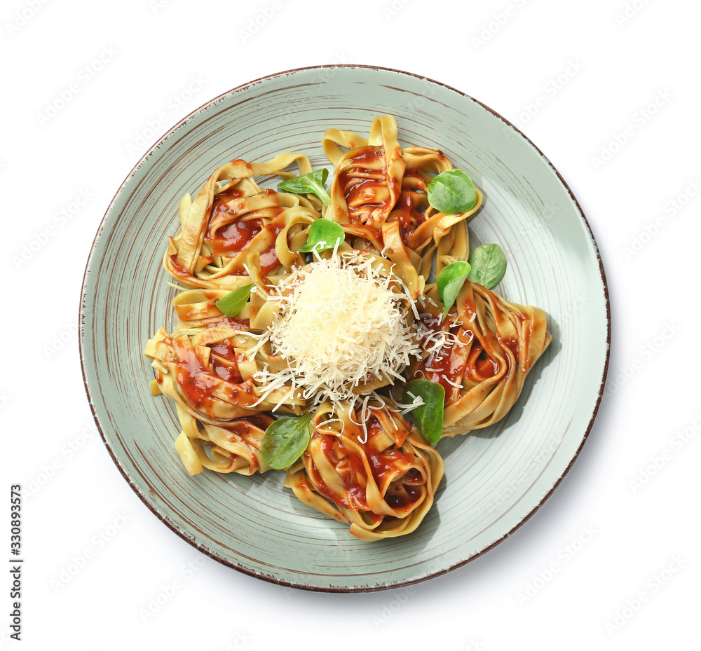 Plate with tasty pasta and cheese on white background Stock Photo ...