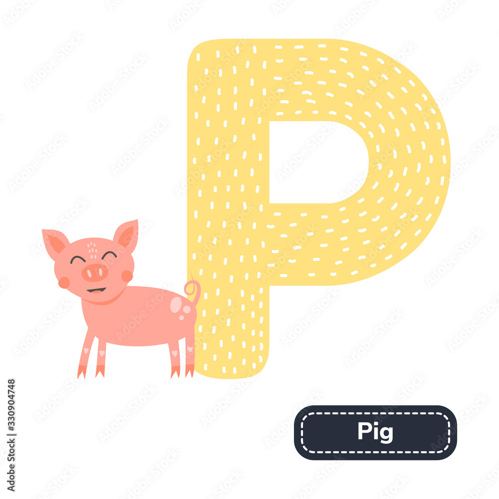 Kids alphabet. Letter p. Nursery print cute funny pink pig. Stock ...