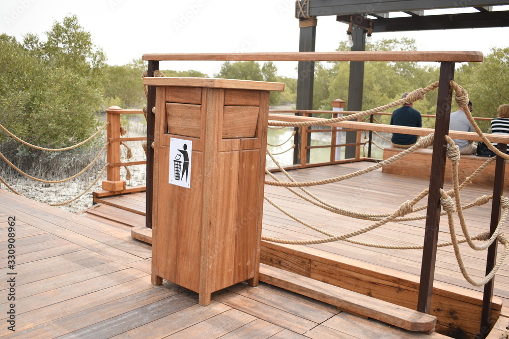 Wooden Dustbin box in Abu Dhabi Mangrove Park.Modern eco trash bin.Dump ...