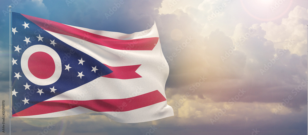 Flags of the states of USA. State of Ohio flag. Waving flag on sunset ...