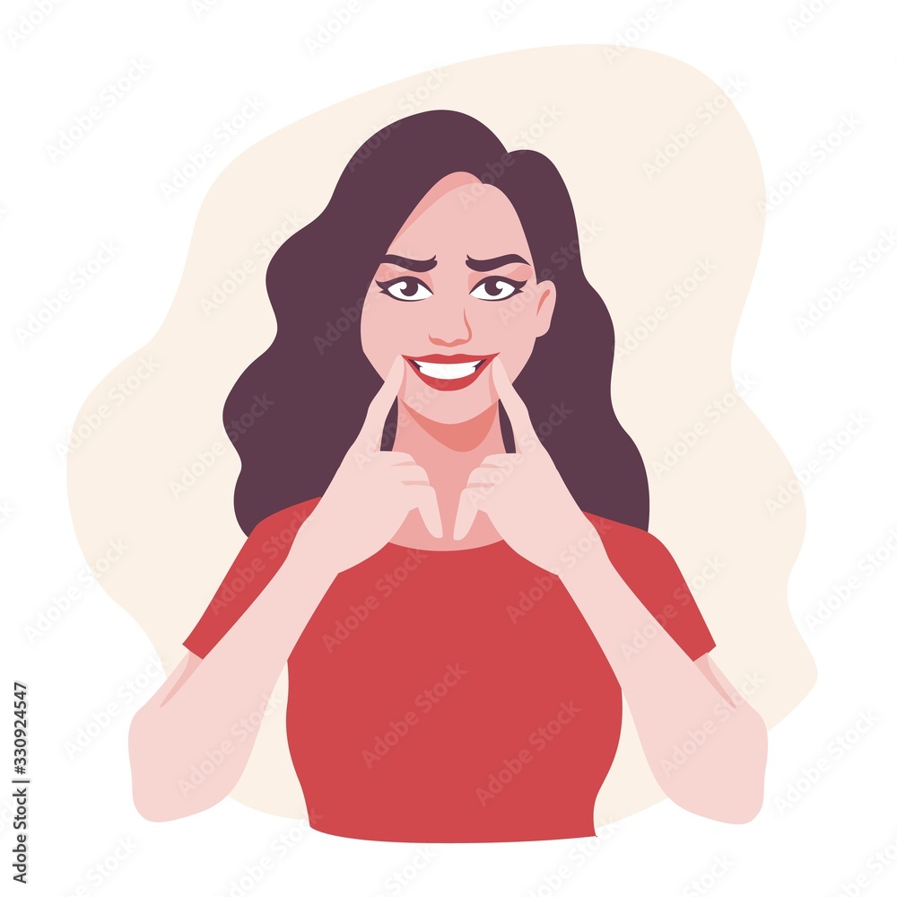 Cartoon beautiful woman pull on mouth showing fake smile isolated on ...