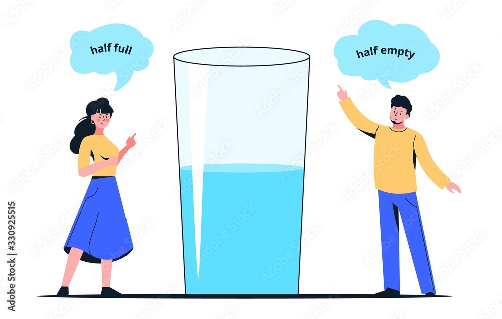 Colorful cartoon couple with half full or empty glass vector flat ...