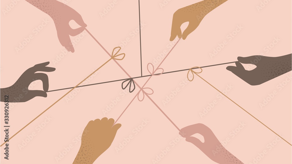 Cartoon human hands pulling on strings trying untie simple knots top ...
