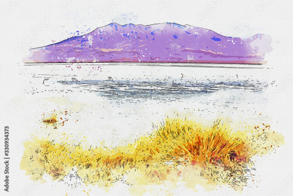 Watercolor drawing picture beautiful landscapes view of Laguna Colorada ...