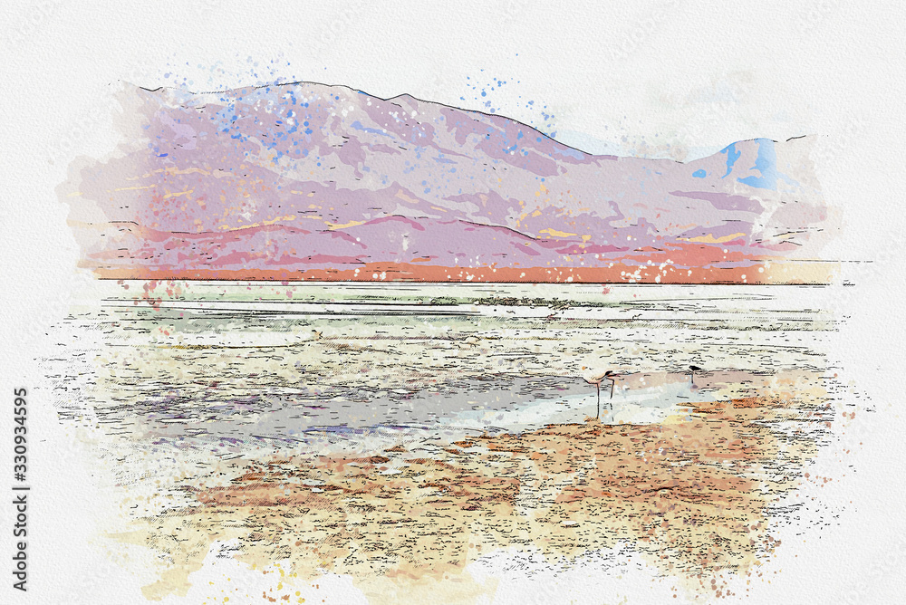 Watercolor drawing picture beautiful landscapes view of Laguna Colorada ...