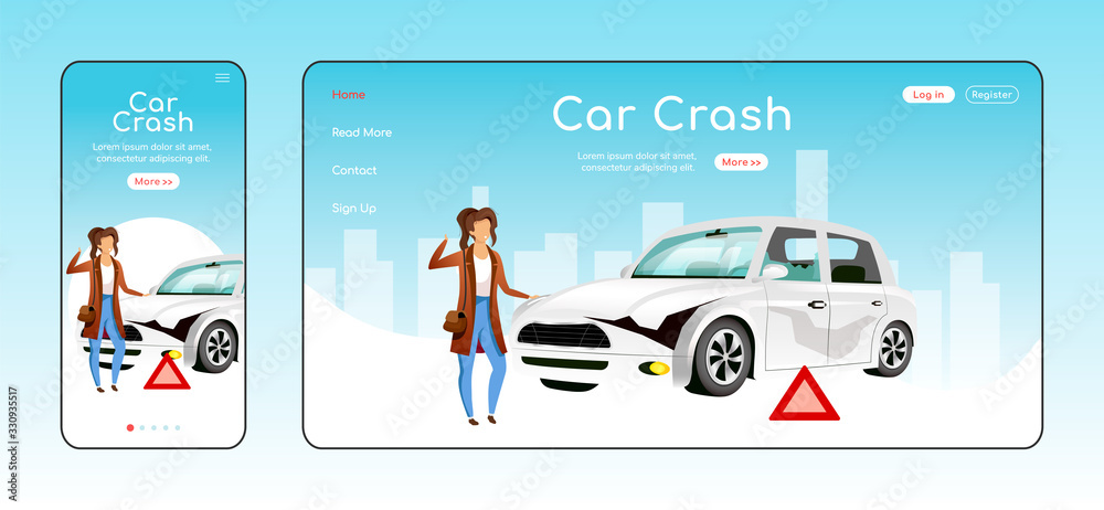 Car crash responsive landing page flat vector template. Emergency ...