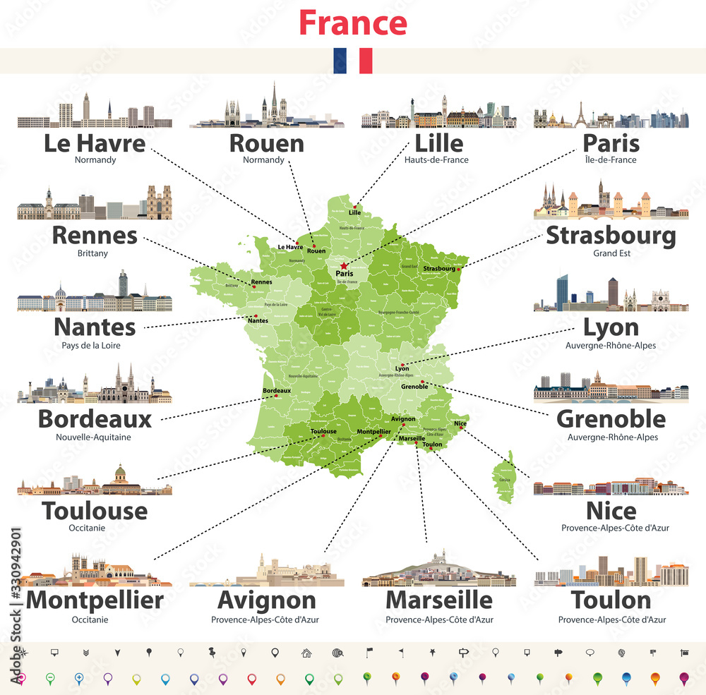 vector map of France with main cities on it. French cities skylines ...