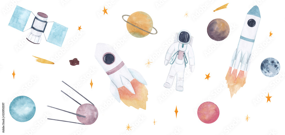 Watercolor hand drawn border with outer space elements (rockets, stars ...