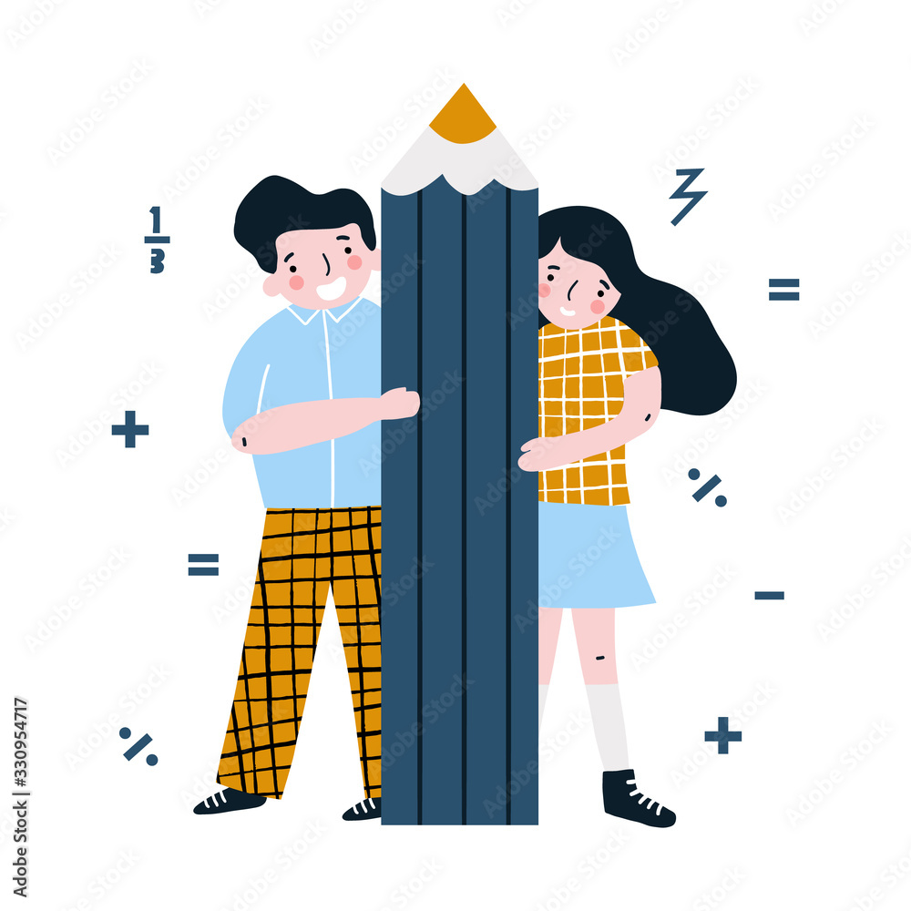 Cartoon characters. Two students holding a big pencil. Vector ...