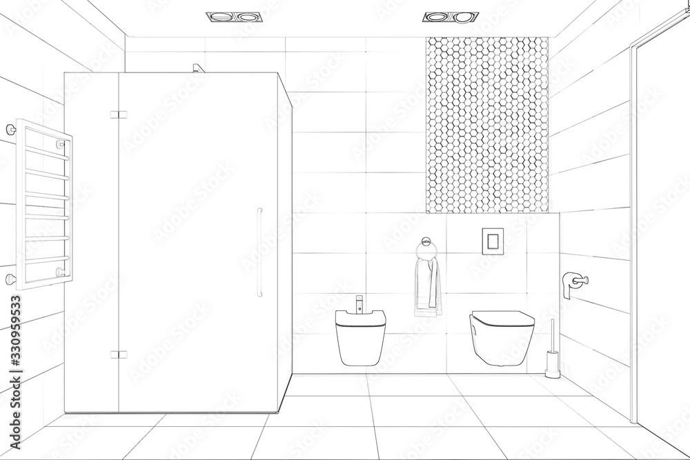 A sketch of a modern toilet with shower, toilet, bidet and door. Front ...