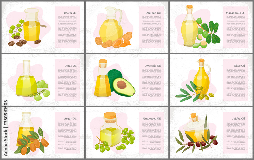 Hair oils banners, plants and nuts, oily seeds vector. Skin care and ...