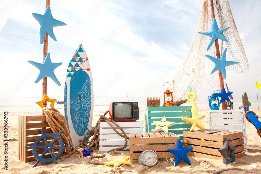 Set design on beach for summer surf fishing photobooth Stock Photo ...