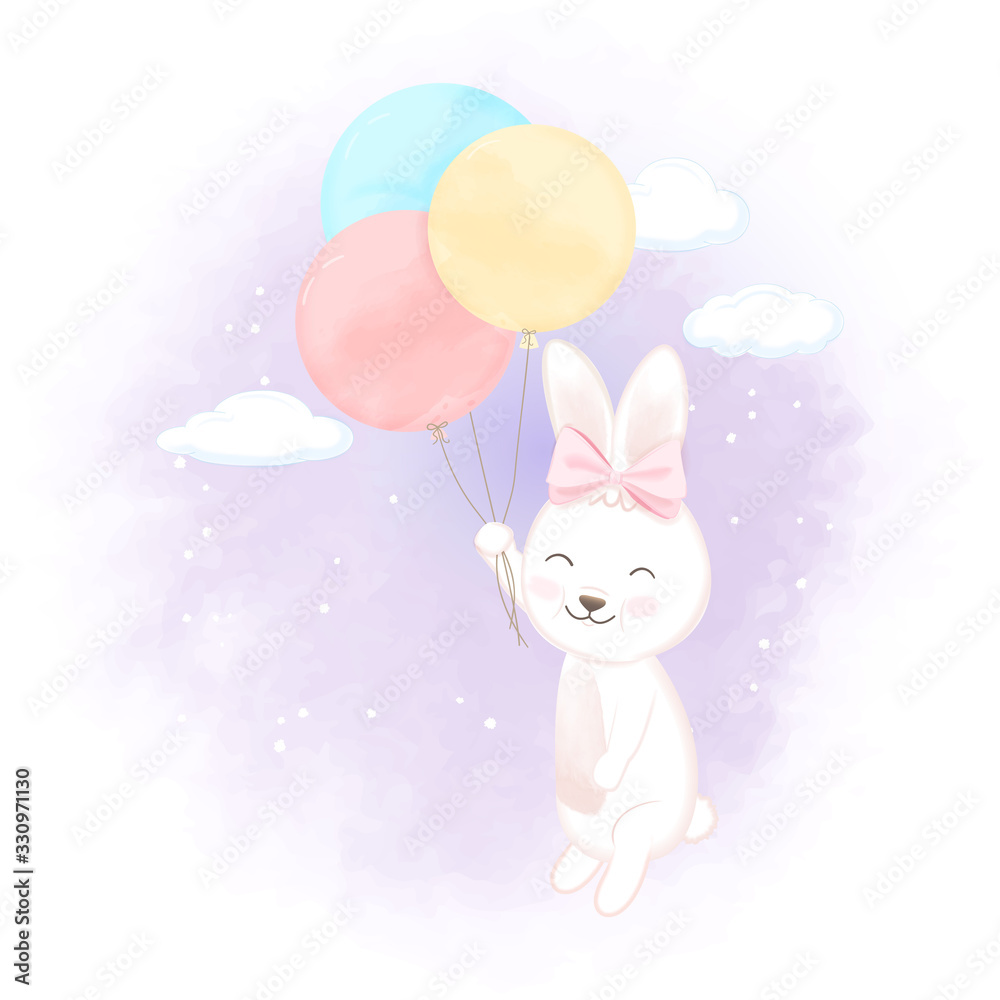 Cute rabbit with balloon hand drawn cartoon illustration Stock Vector ...