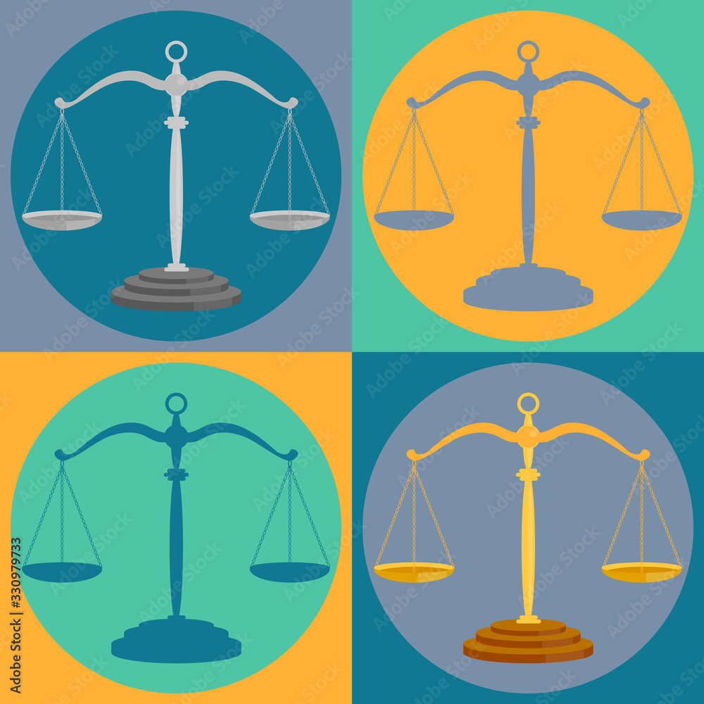 Court scales set. Justice balance symbols and lawyers equality signs ...