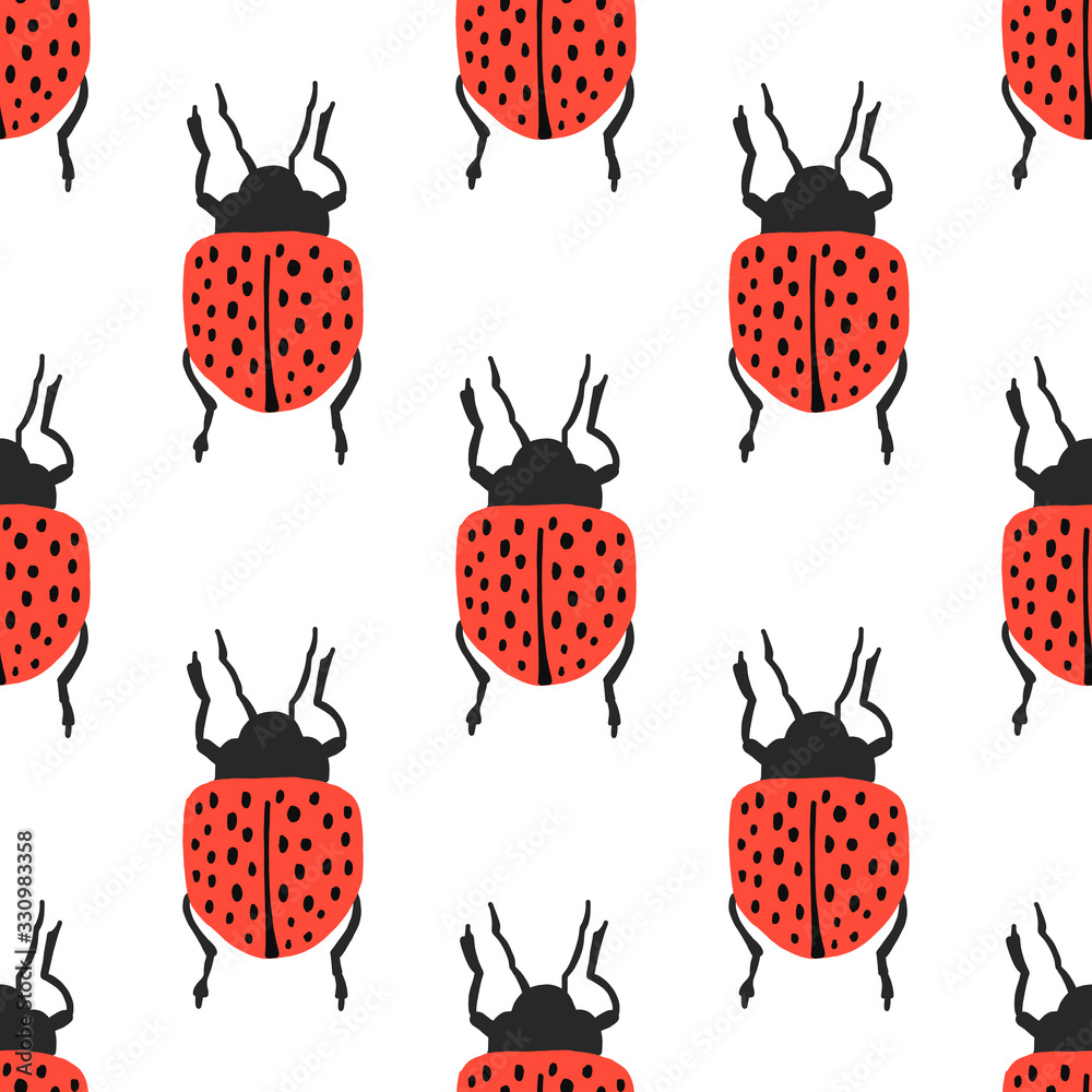 pattern ladybug with colorful beetles. Bright vector drawing of small beetles on a white ...