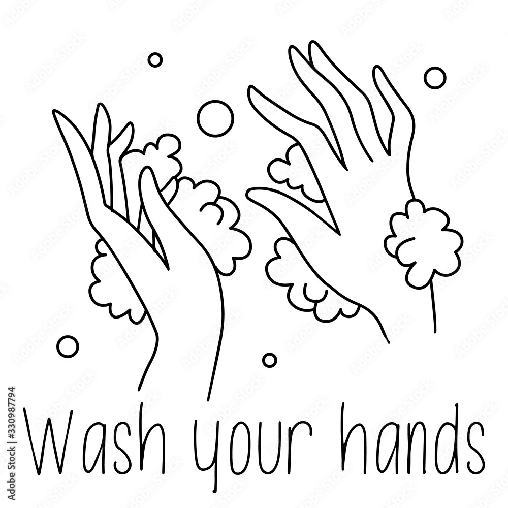 Washing Hands line drawing black and white soap foam poster Stock ...
