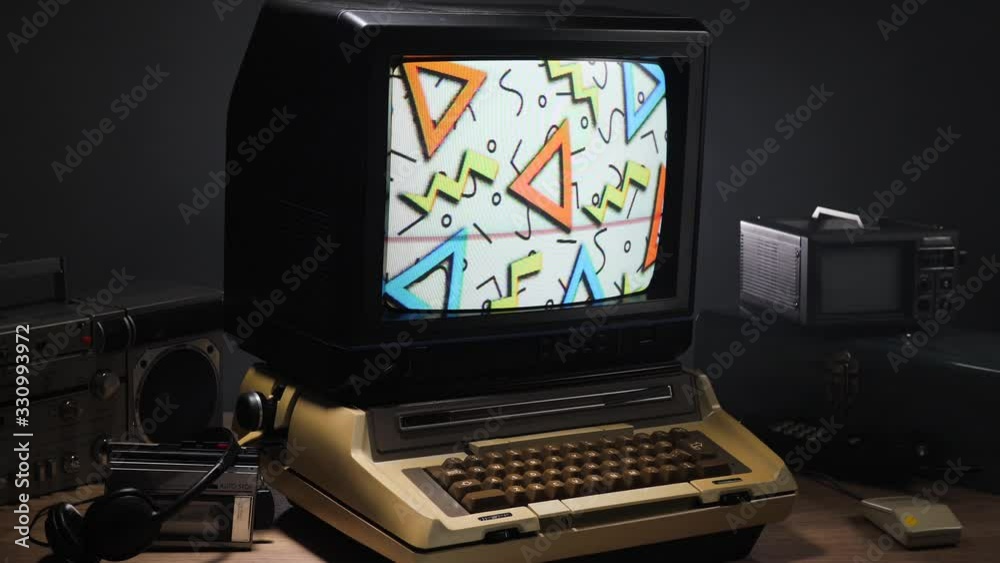 Old computer and monitor setup fro the 70s 80s 90s with Memphis design ...