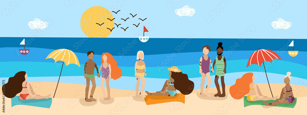 People in swim suits on vacation beach seaside summer holidays, cartoon ...