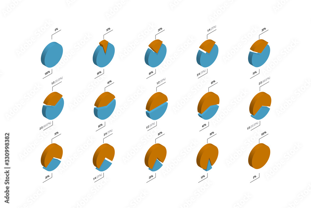 Set of isometric progress bars with percentage. Modern pie chart ...