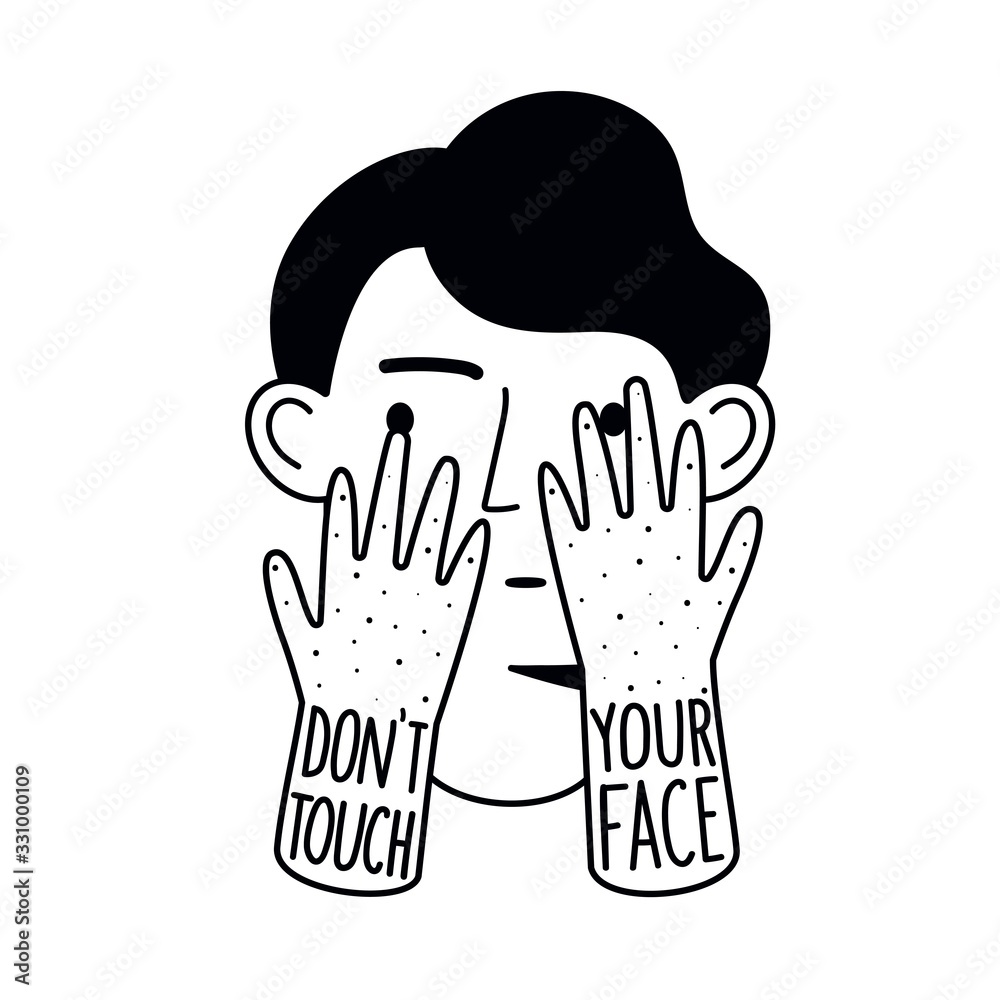 Doodle vector illustration with man head and touching face hands. Don't ...