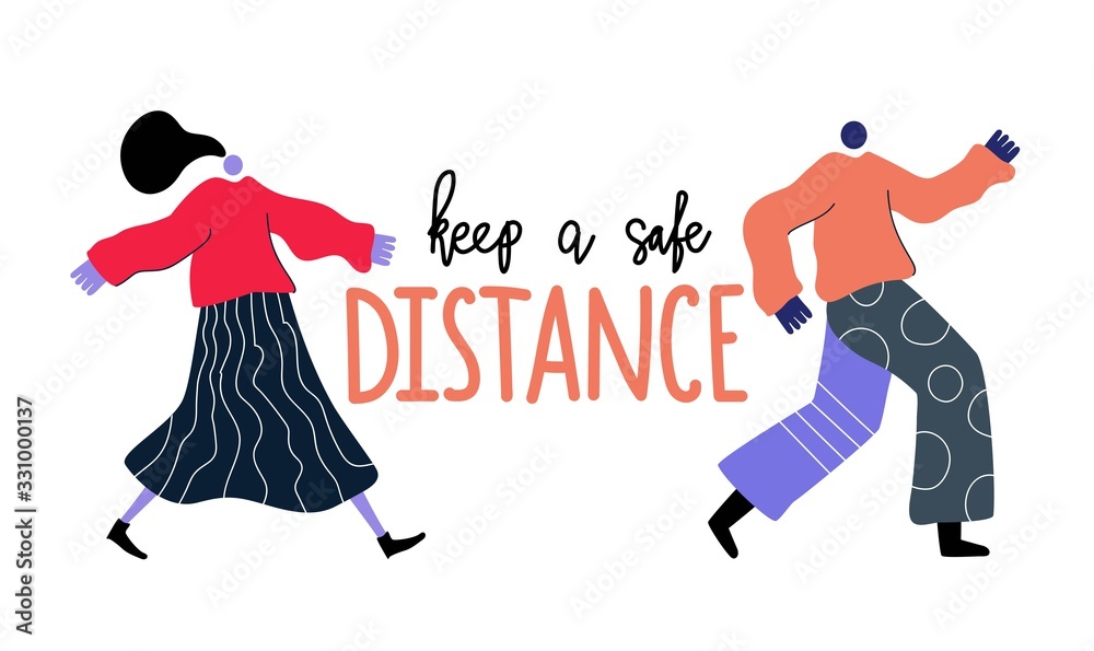 Vector illustration of walking couple of man and woman. Keep a safe ...