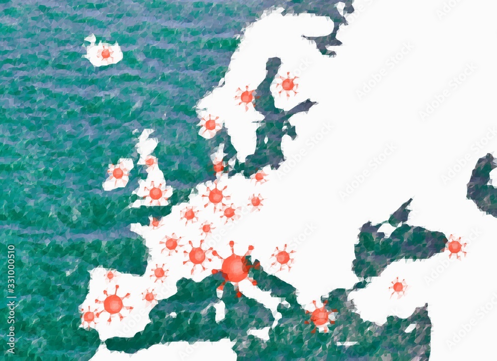Europe map showing the outbreak of corona virus covid-19 in sketch and ...