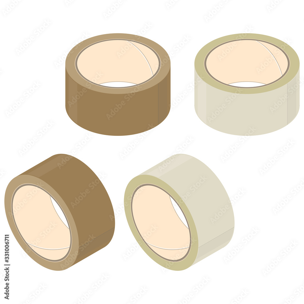 Rolls of adhesive tape, isometric design. Transparent and brown color ...