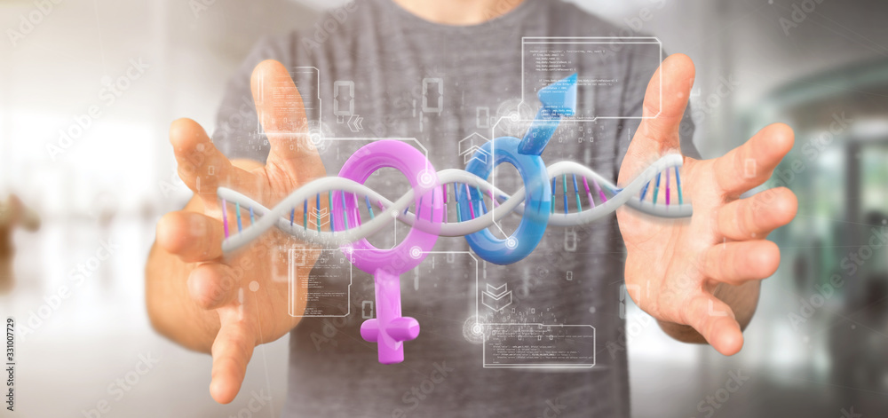 Businessman holding a DNA with data and male and female symbol - 3d ...
