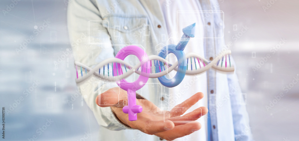 Businessman holding a DNA with data and male and female symbol - 3d ...