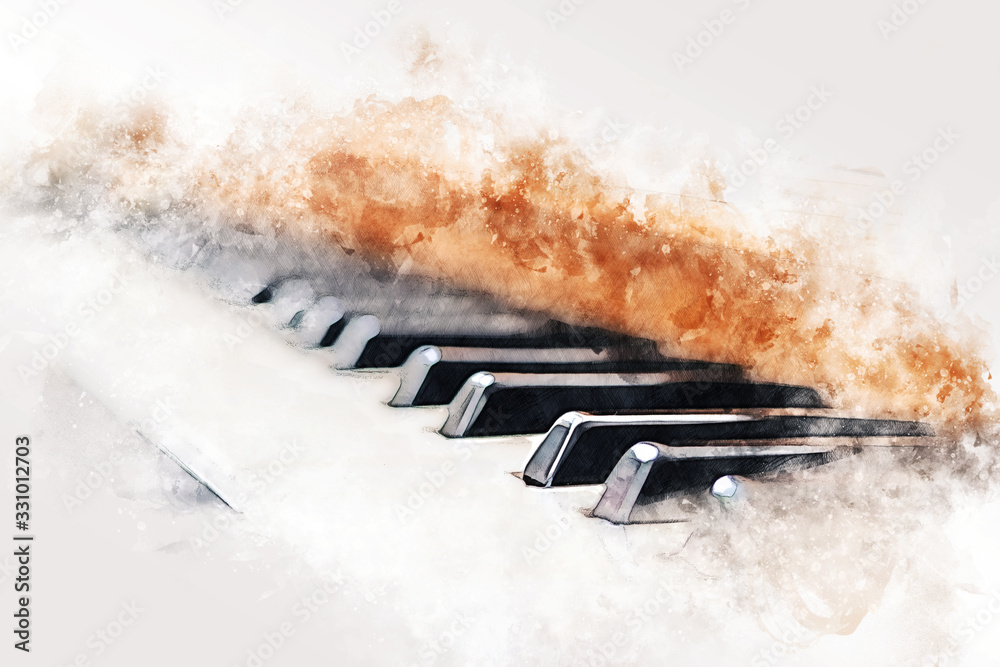 Abstract colorful piano keyboard on watercolor illustration painting ...
