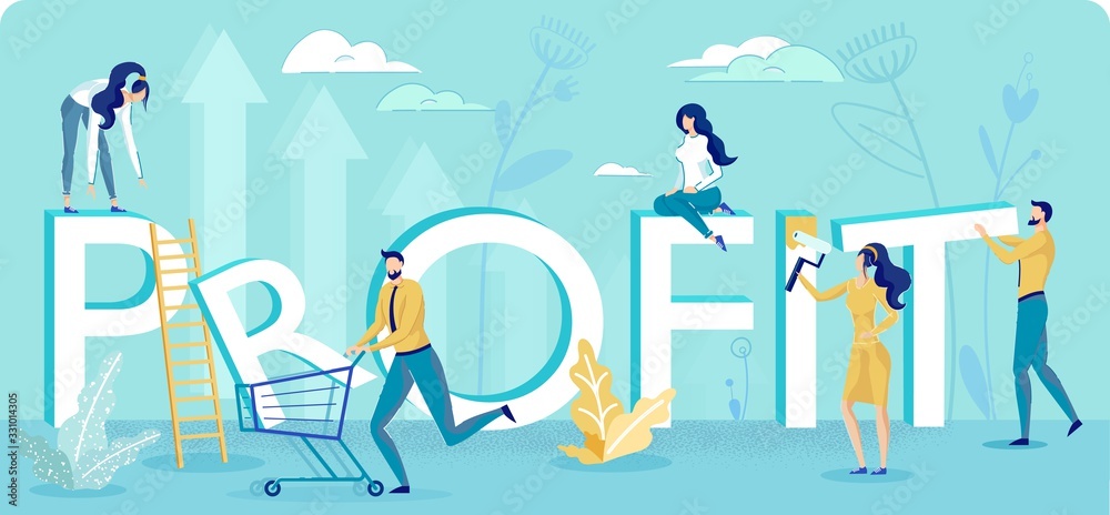Cartoon Tiny People Creating Profit Word Poster Stock Vector | Adobe Stock