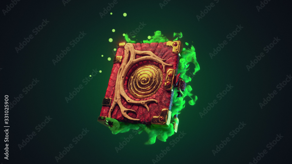 Old dark red antique book with strap and green smoke. Magic book with ...