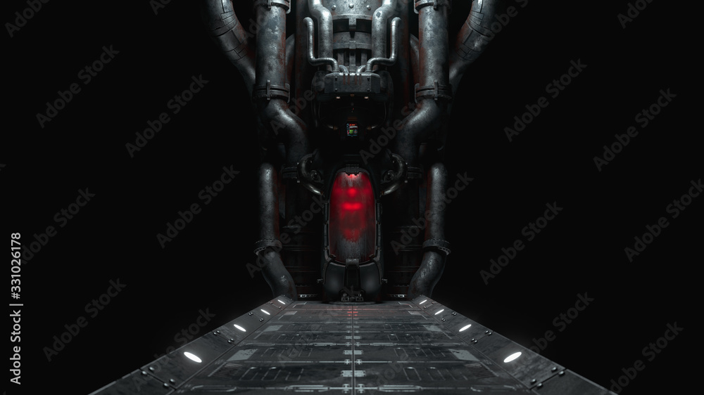Cryogenic hibernation capsule with a human body inside. Metal bridge to ...