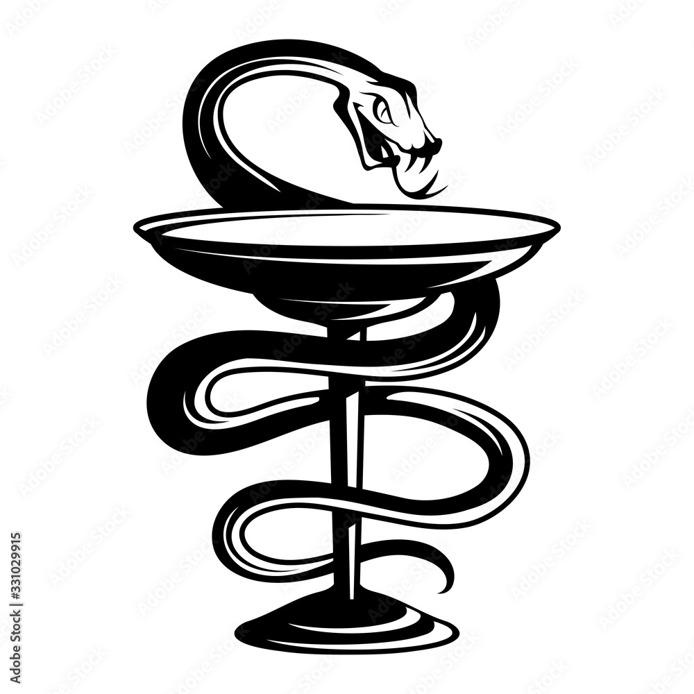 Emblem medicine snake wrapping around a bowl leg and bowed its head ...