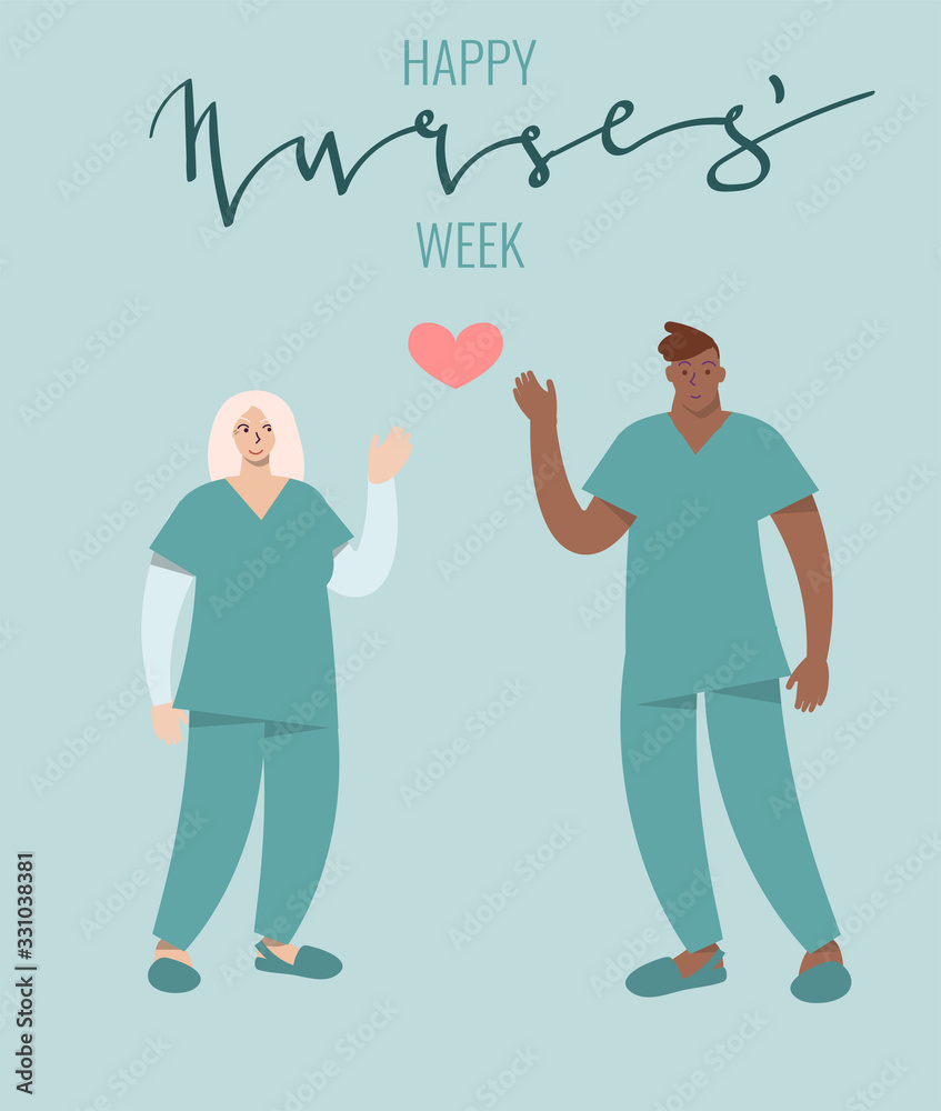 Nurse Week celebration card. Cartoon characters of male and female ...