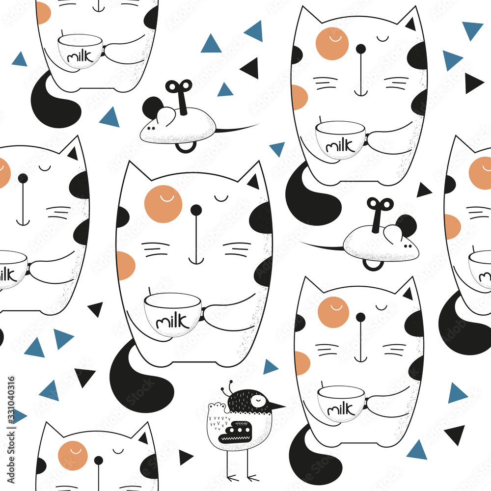 Cats and mouse seamless pattern with cute kittens on white background ...