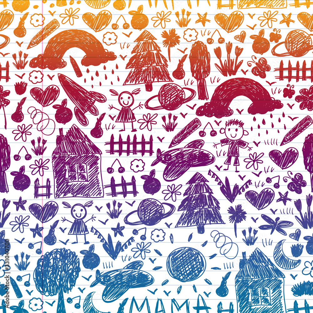 Kindergarten pattern with funny kids drawing. Vector illustration ...