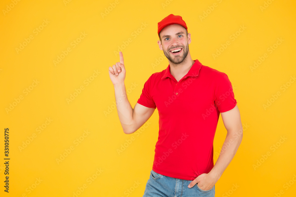 Shop worker. Handsome happy guy cashier. Good idea. Inspiration. Staff ...