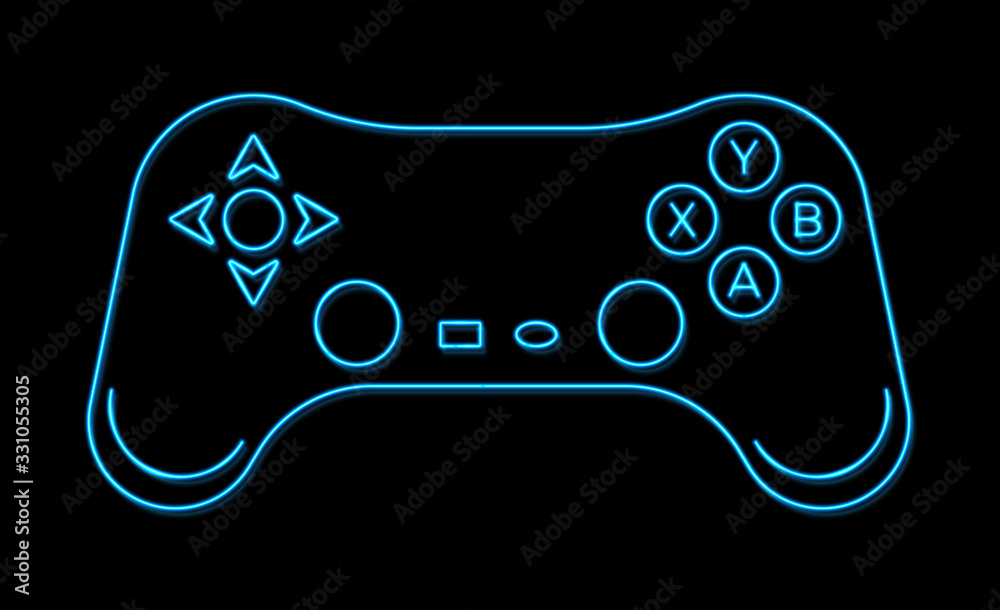 3d neon game ui sign isolated on black background. Blue joystick arrow ...