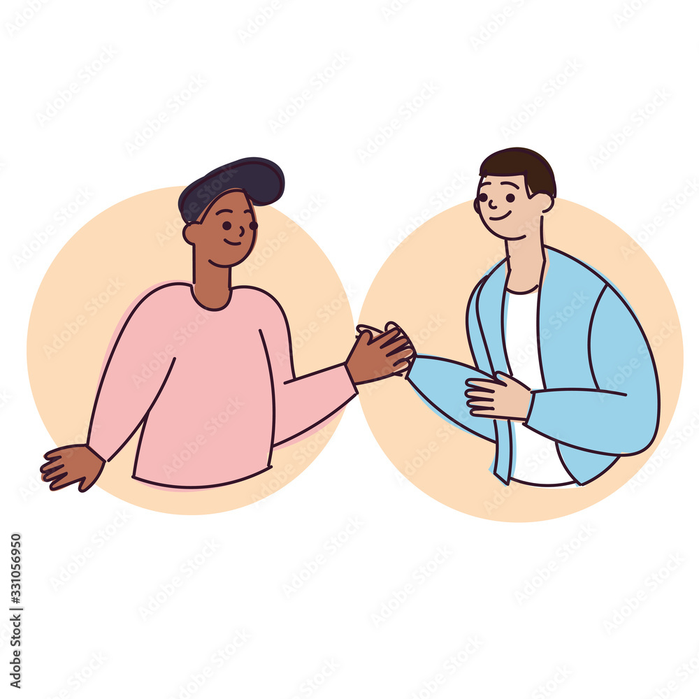 Smiling two cheerful young man waving , touching hands ,clapping hands ...