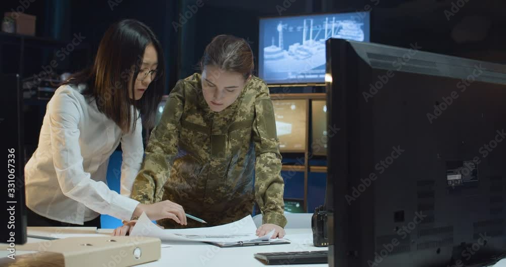 Asian young woman, military office worker, and Caucasian female soldier ...