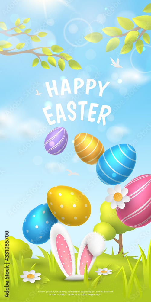 Festive vertical banner with title “Happy Easter” and spring scene with ...