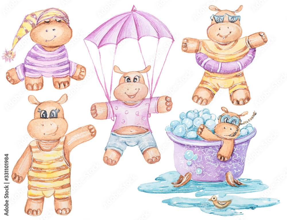 Hand painted watercolor cute hippopotamus clipart. isolated on white ...
