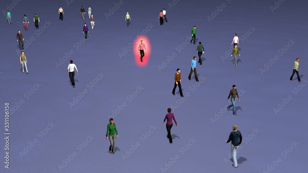 Pandemic stage 1. Crowd of people walking. Infected man with red glow ...