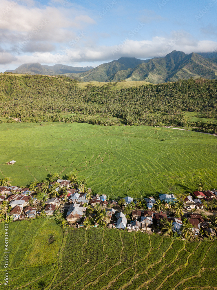 Philippine countryside with rice fields and a volcano in the background ...