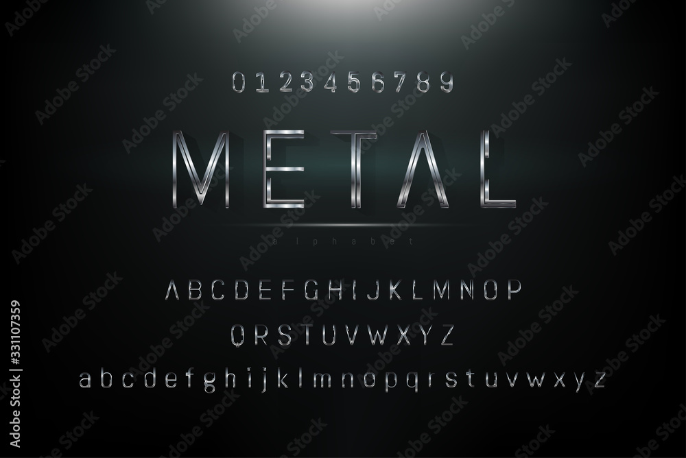 Shiny silver gray metalic theme alphabet font set with uppercase ...